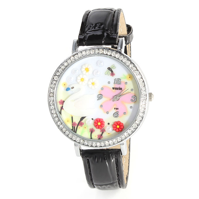 Wecin Women's Lady Style Casual 3D Swan Pattern Watch with Diamond