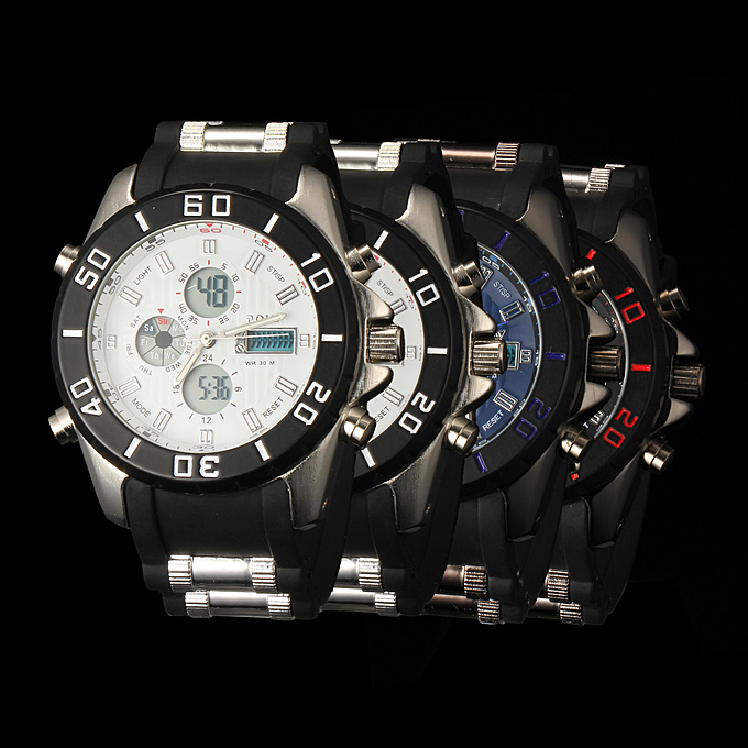 Hpolw FS-596 Men's LED Stainless Steel Analog-Digital Sport Watch