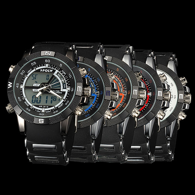 Hpolw FS-818 Men's LED Stainless Steel Analog-Digital Sport Watch