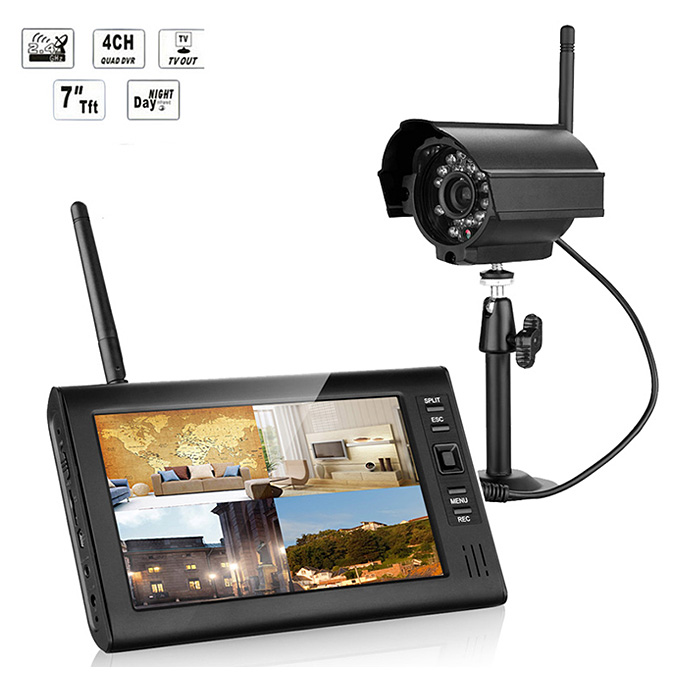 Digital 2.4G Wireless Cameras Audio Video Monitors 4CH DVR Security
