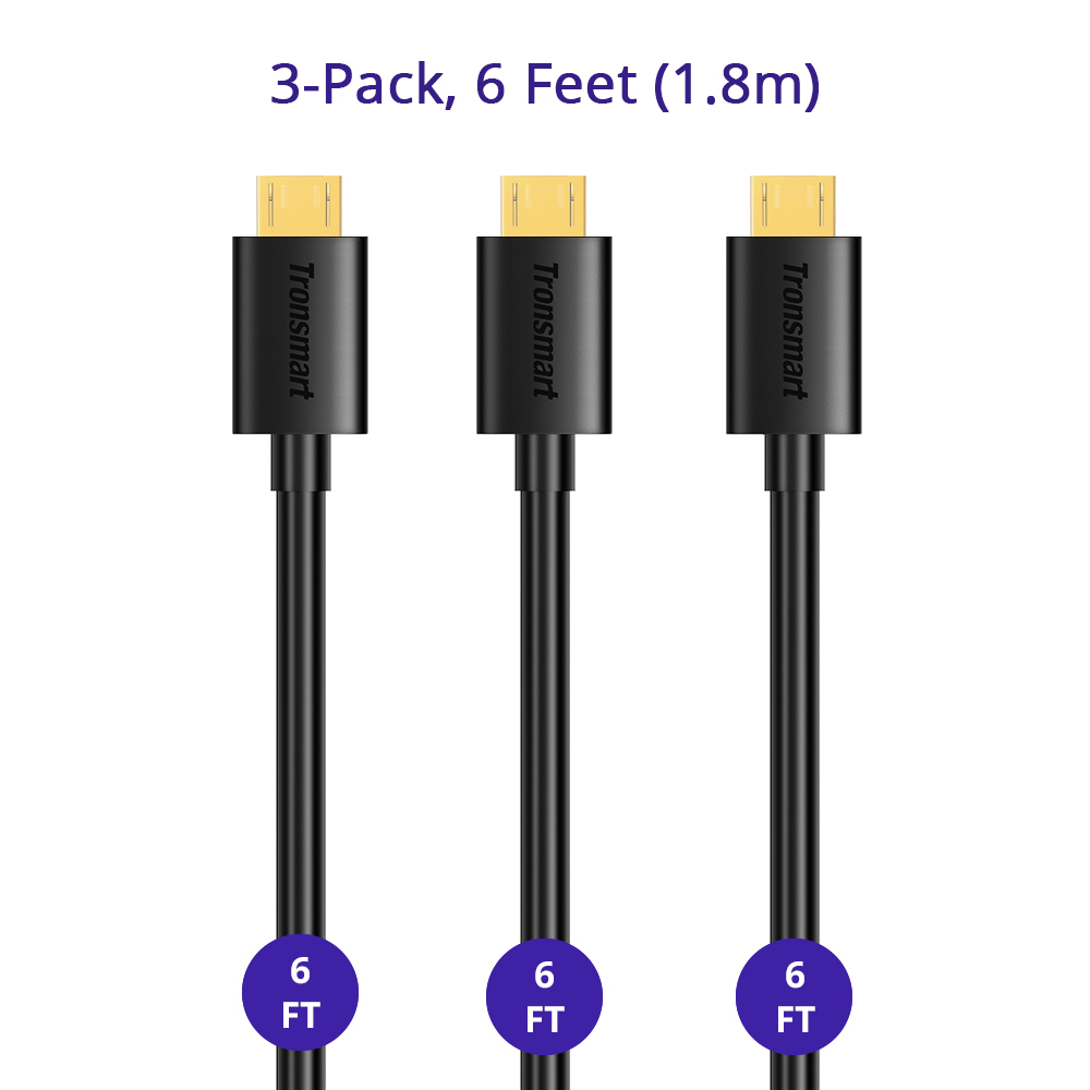 Tronsmart USB 2.0 Gold Plated Male to Micro USB Cable 3 Pack 1.8M