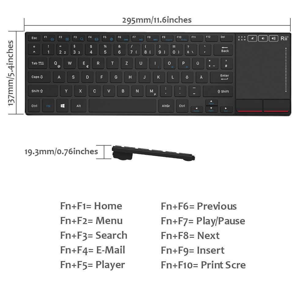 Rii K22 2.4G Wireless German Keyboard With Large Touchpad Black