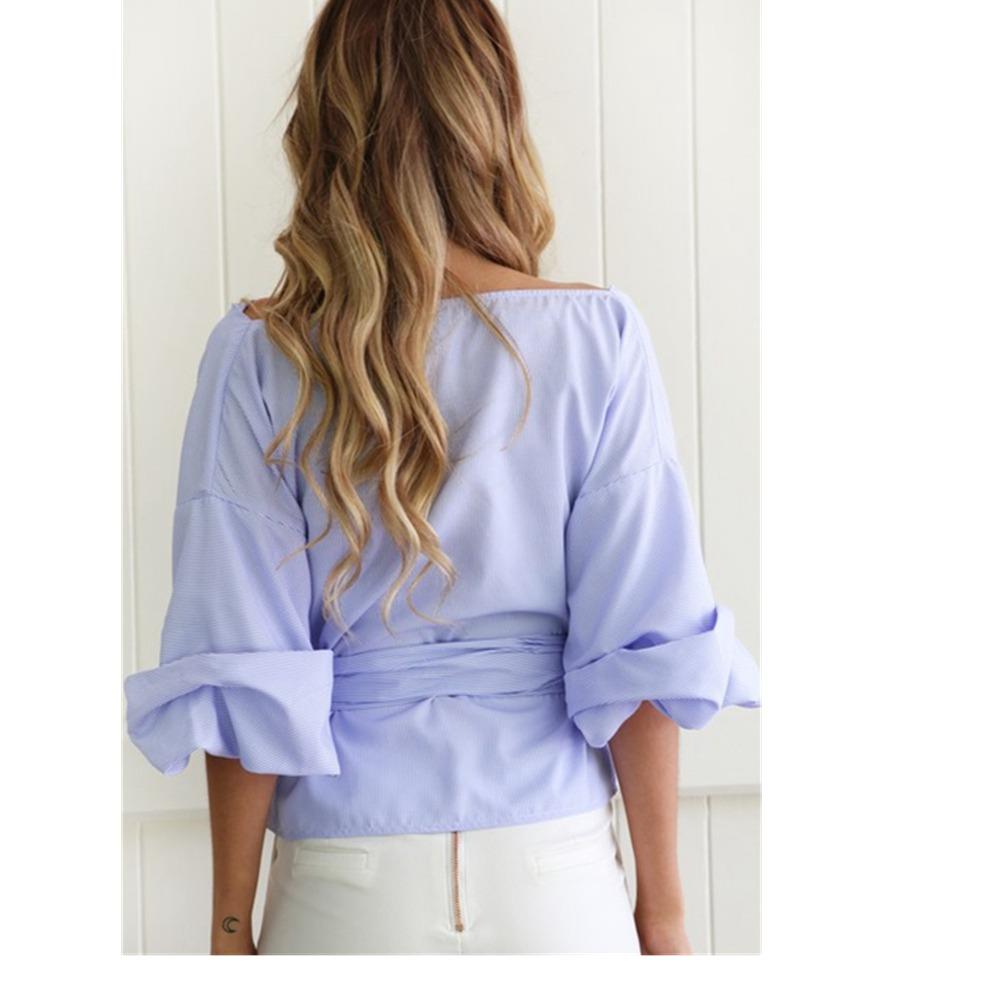 Women Strapless V-neck Cross Straps Shirt Blue