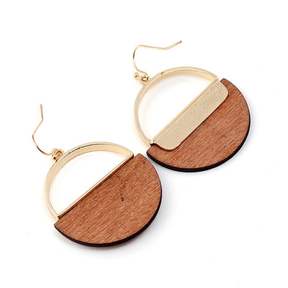 Women's Brown Wooden Round Shape Earrings Set Gold