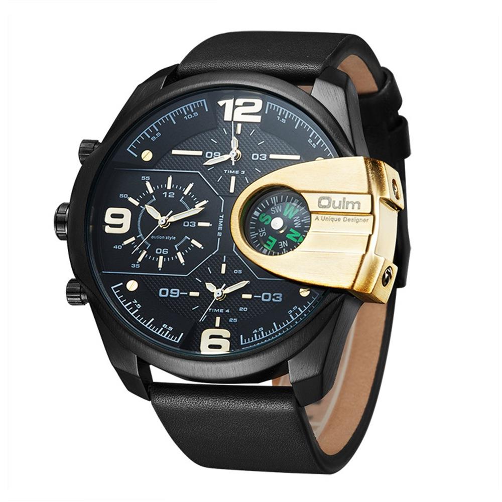 Men's Multi-time Zone Leather Functional Watch Black and Yellow