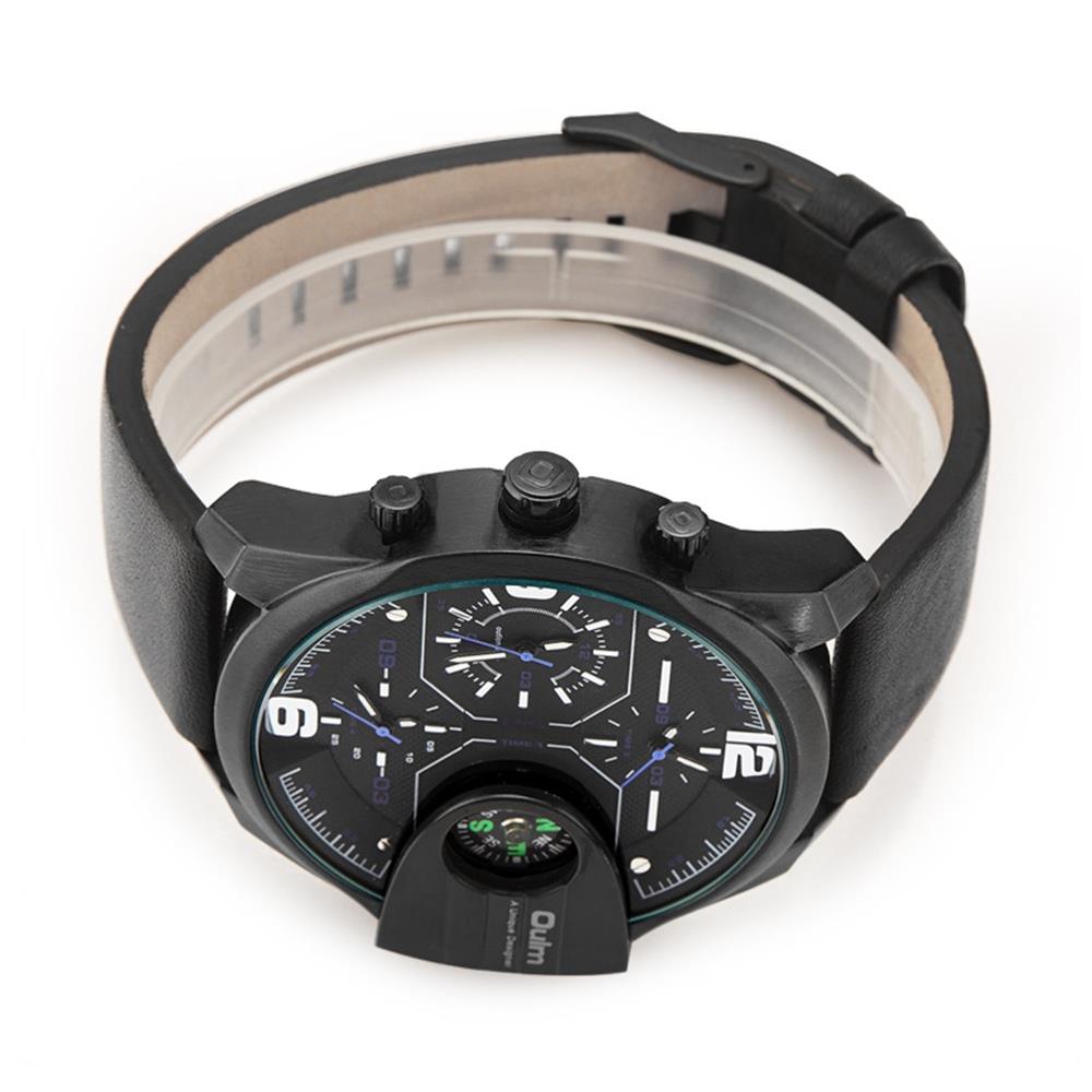 Men's Large Dial Multi-time Zone Leather Functional Watch-Black