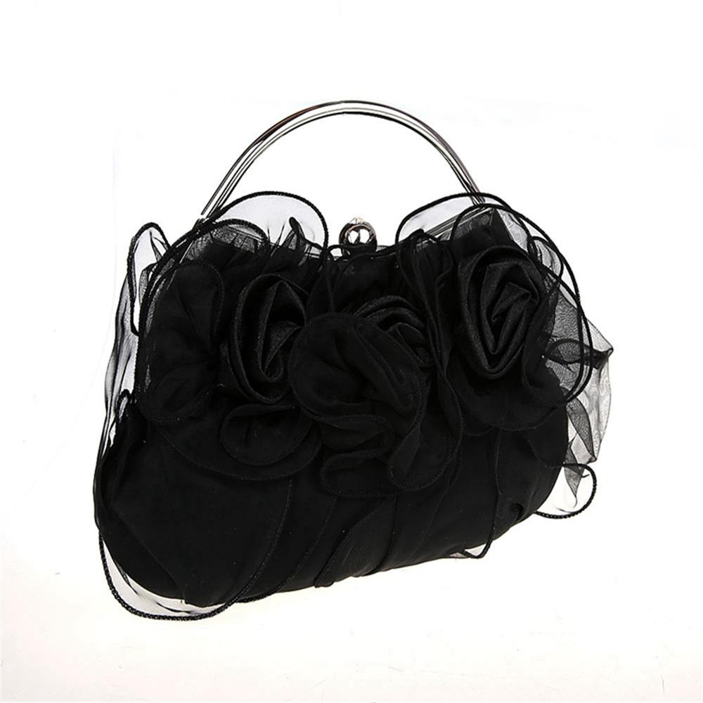 Womens Satin Lace Clutch Handbag Wedding Fashion Black