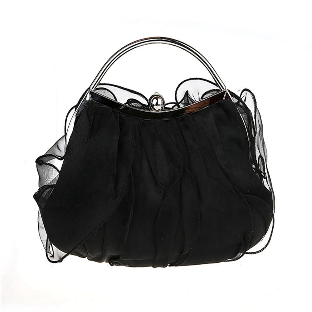Womens Satin Lace Clutch Handbag Wedding Fashion Black