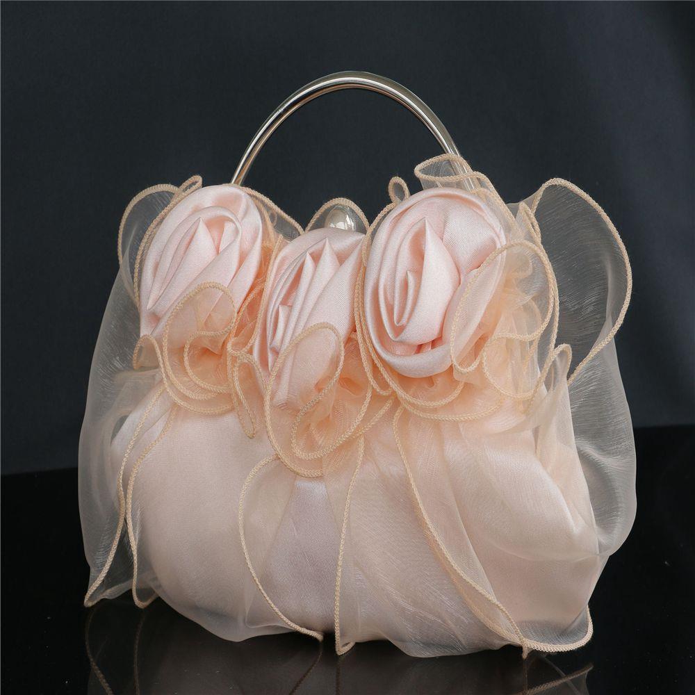 Womens Satin Lace Evening Bridal Clutch Handbag Champagne