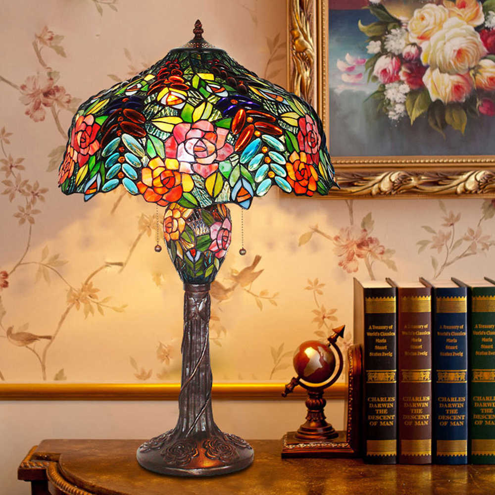 FUMAT Tiffany Style Grape Rose Table Lamp 918 PCS Glass