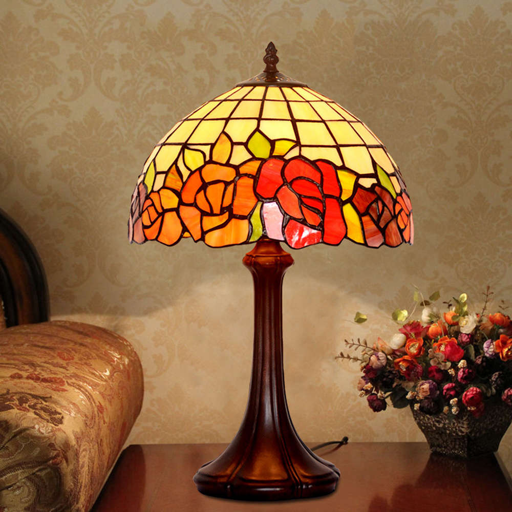 FUMAT 12 Inch Tiffany Style Red Rose Table Lamp