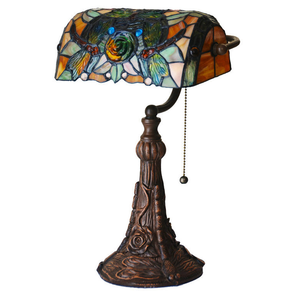 FUMAT Tiffany Style Dragonfly Rose Bank Light Table Lamp