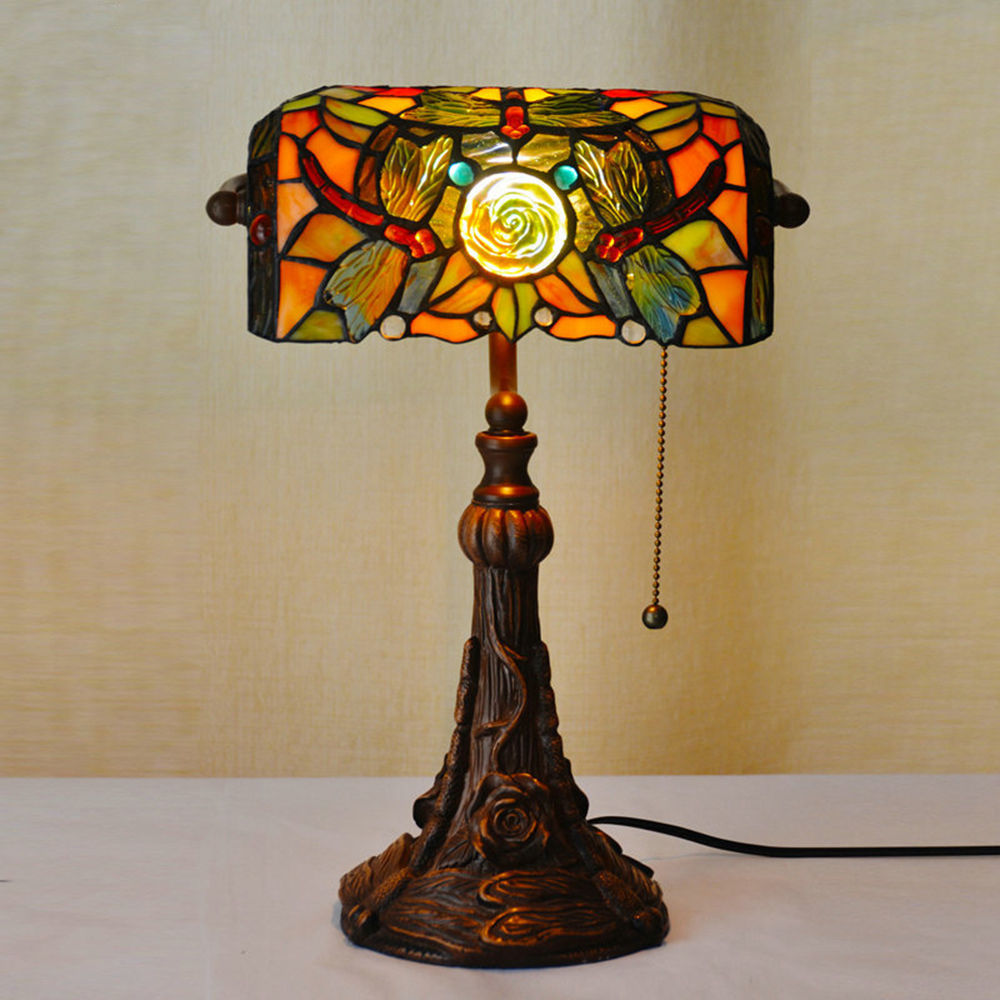 FUMAT Tiffany Style Dragonfly Rose Bank Light Table Lamp