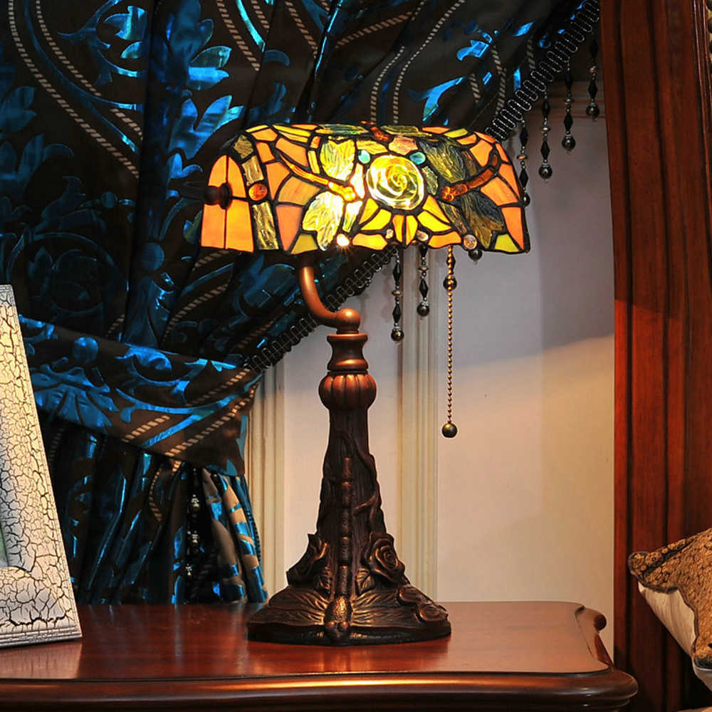 FUMAT Tiffany Style Dragonfly Rose Bank Light Table Lamp