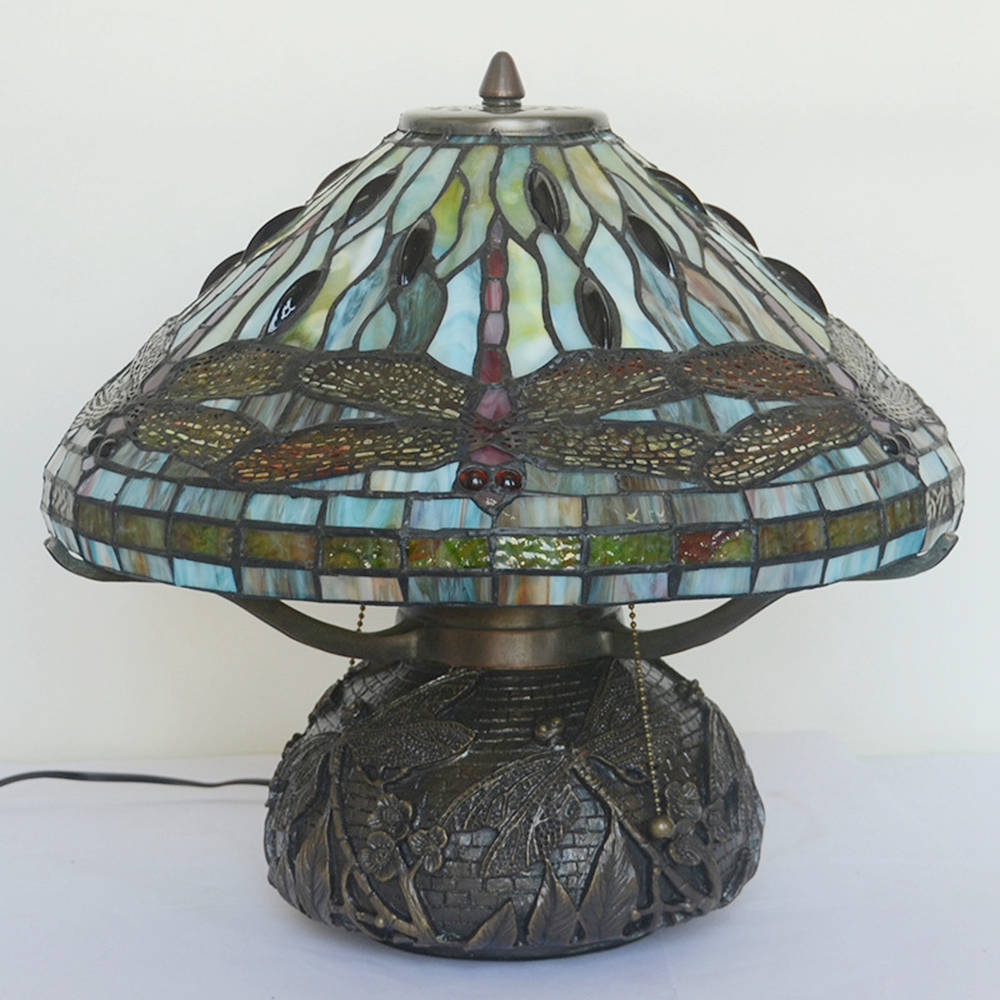 FUMAT 16 Inches Copper Base Dragonfly Double Lit Table Lamp