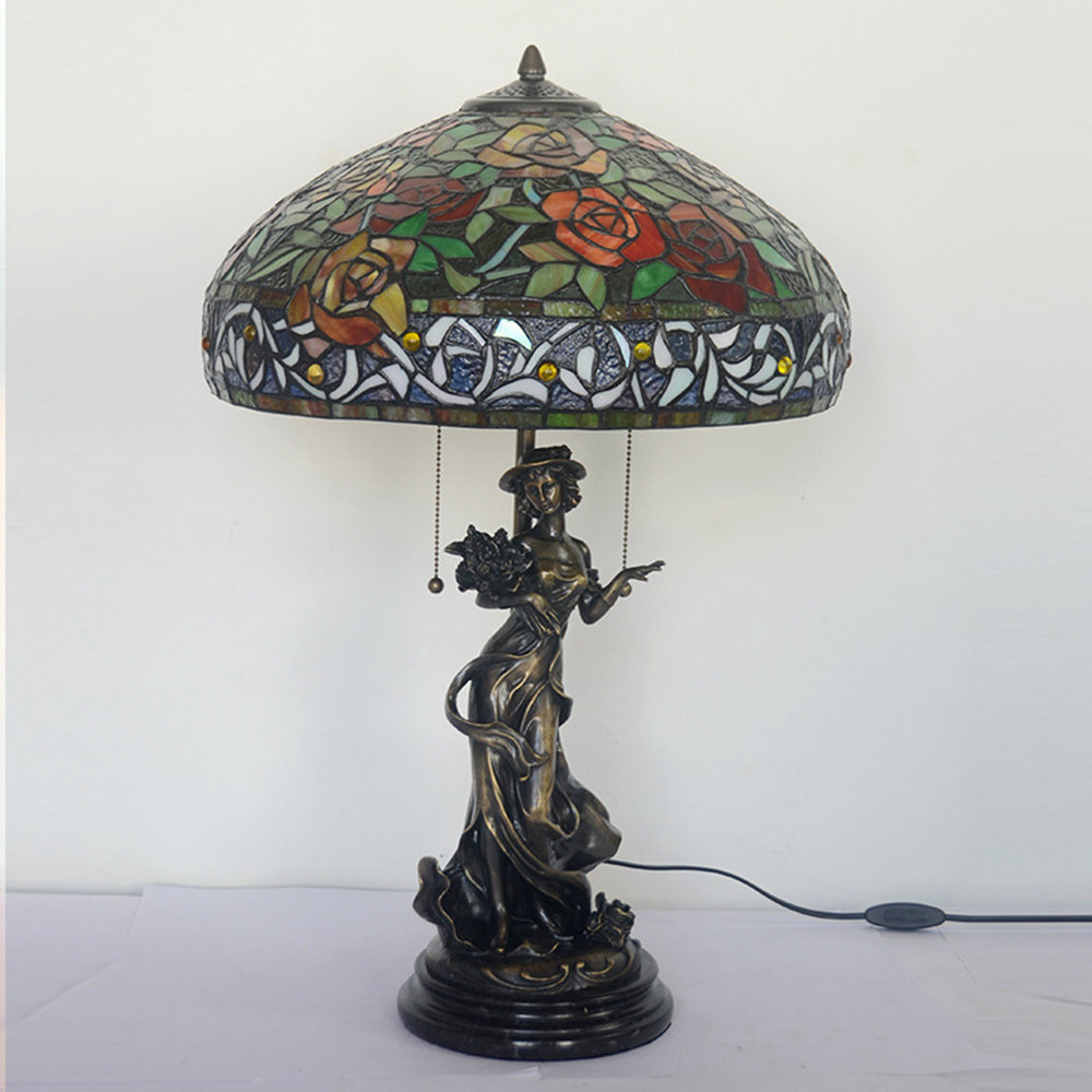 FUMAT Tiffany Style Saintess Floral Rose Date Table Lamp