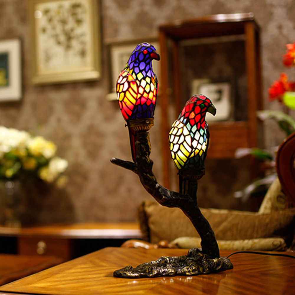 FUMAT Tiffany Style Dual Parrots Table Lamp