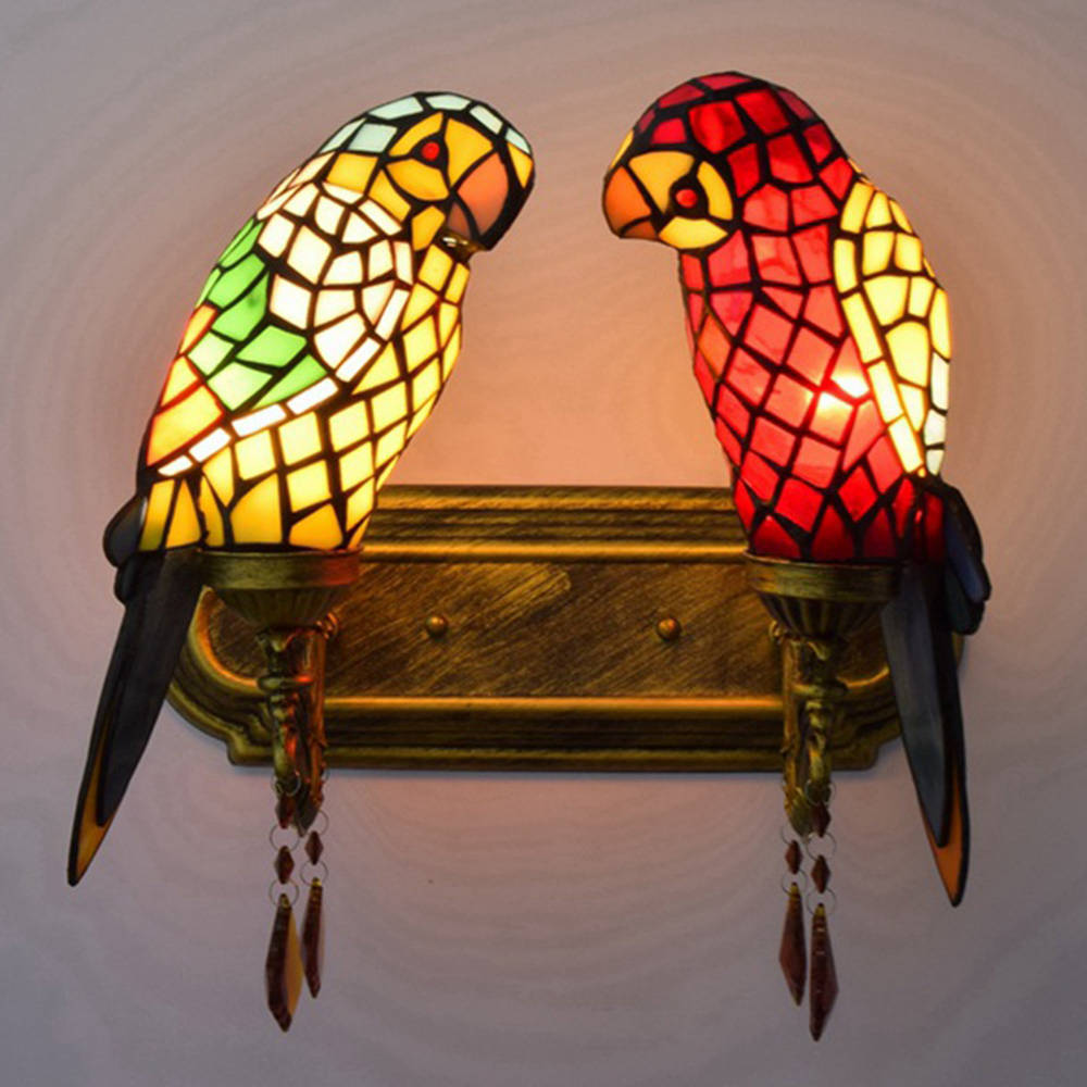 FUMAT Tiffany Style Green Parrot Wall Lamp