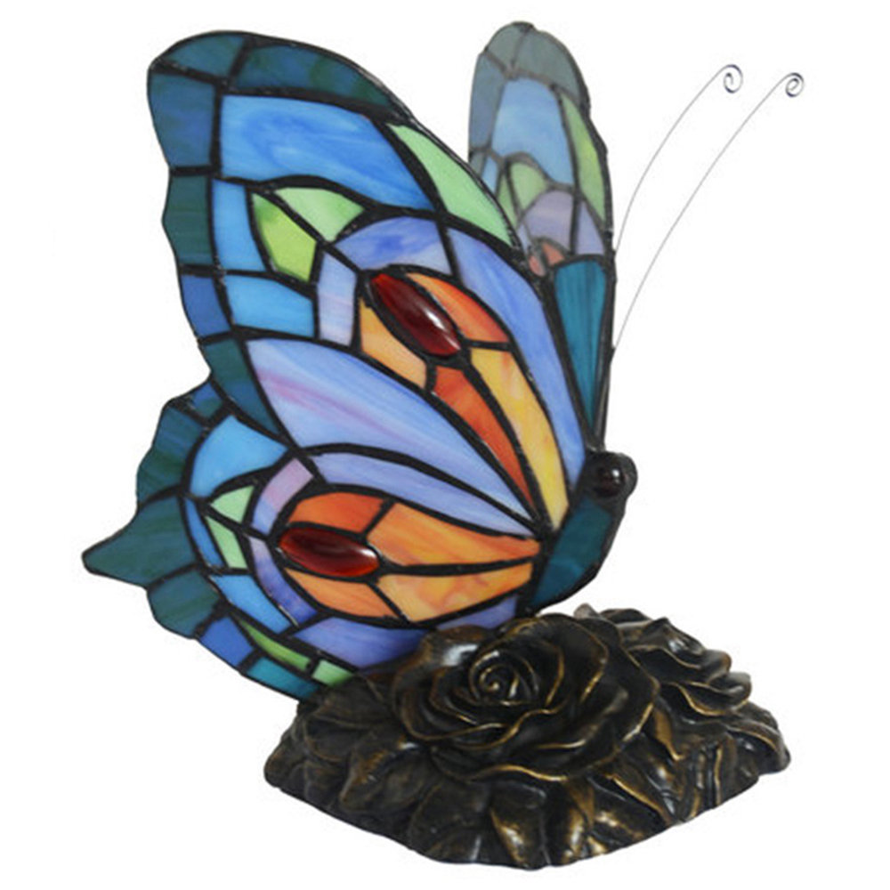 FUMAT TIFFANY Lamp Stained Glass Blue Butterfly Table Lamp