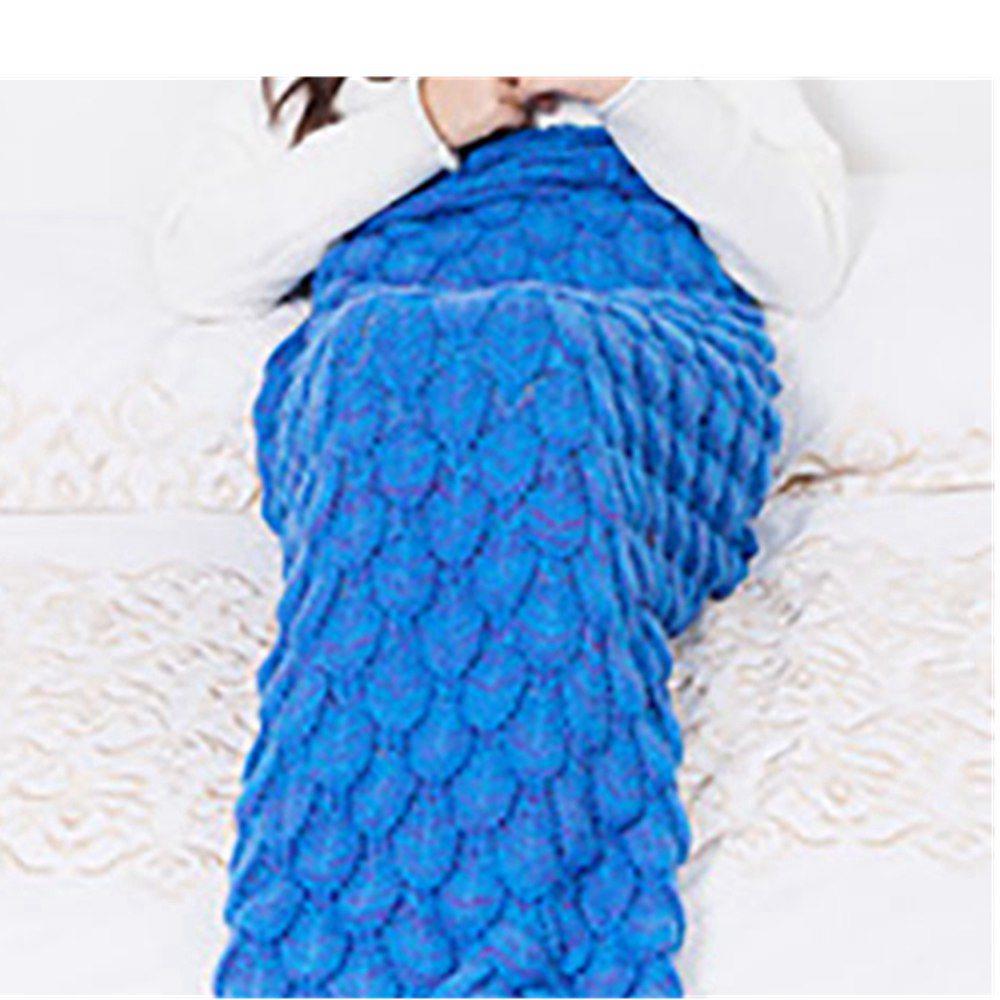 Mermaid Tail Fish Scales Knitting Sleeping Blanket Royal Blue Size 180