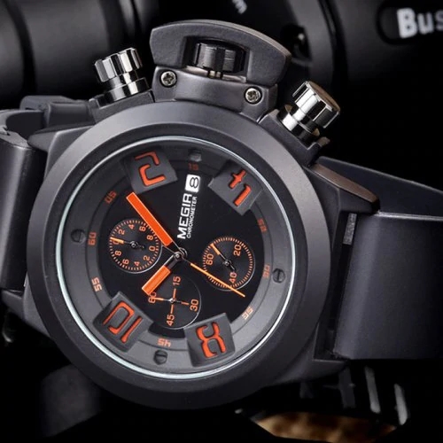 MEGIR 2002 Men Quartz Watch Analog Display Silicone Band Black