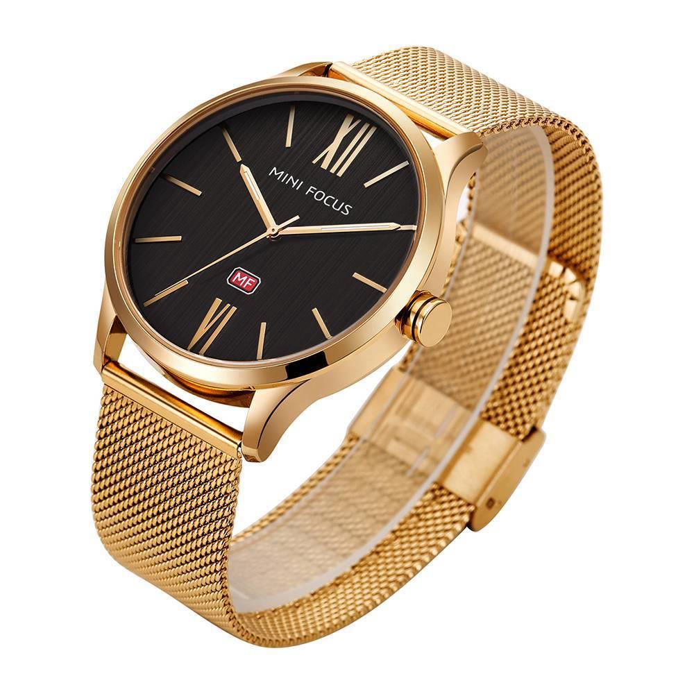 MINI FOCUS MF0018G Men Quartz Watch Stainless Steel Gold