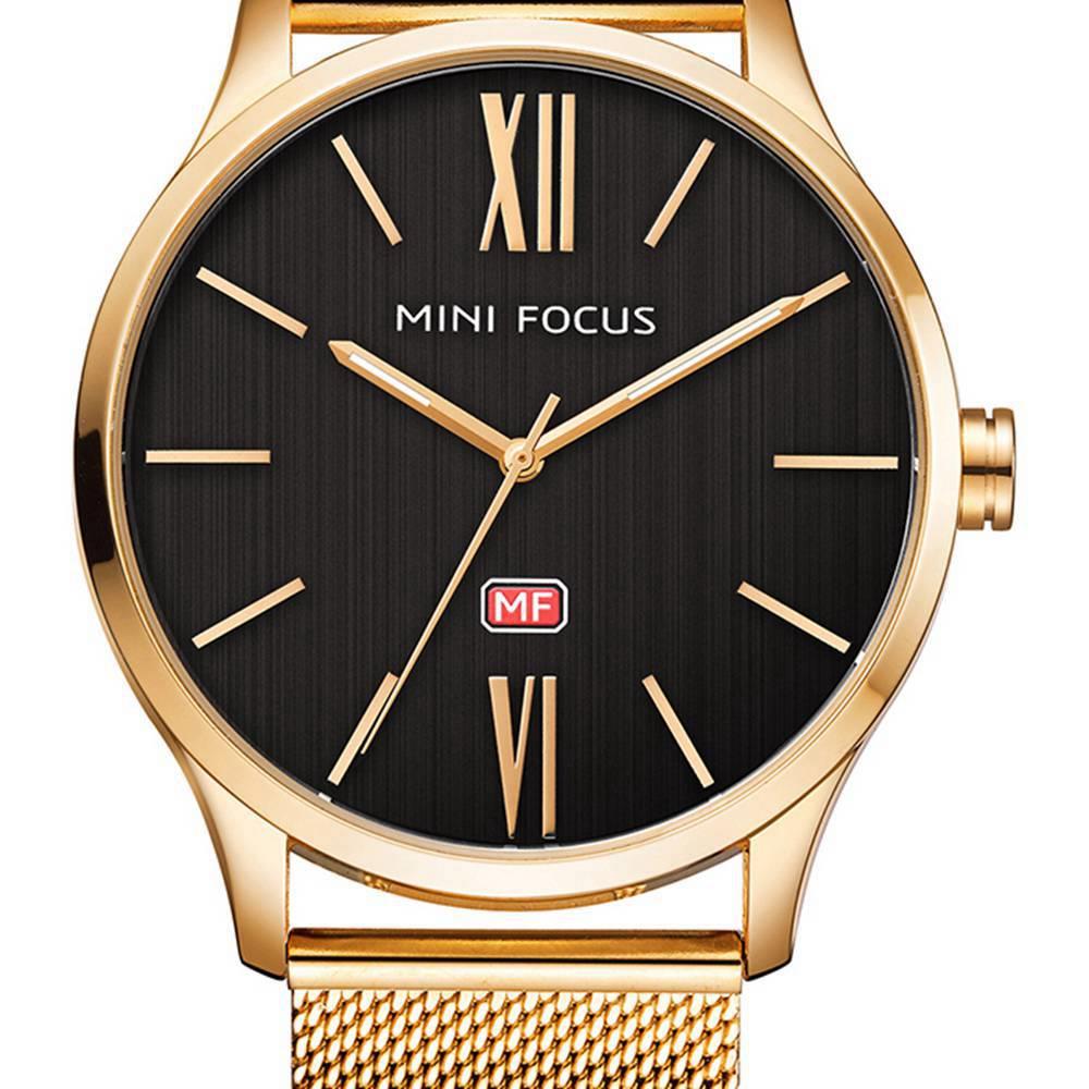 MINI FOCUS MF0018G Men Quartz Watch Stainless Steel Gold