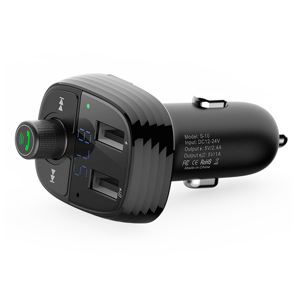 S-10 Car Charger Dual USB Ports FM Radio Bluetooth MP3 Player Black