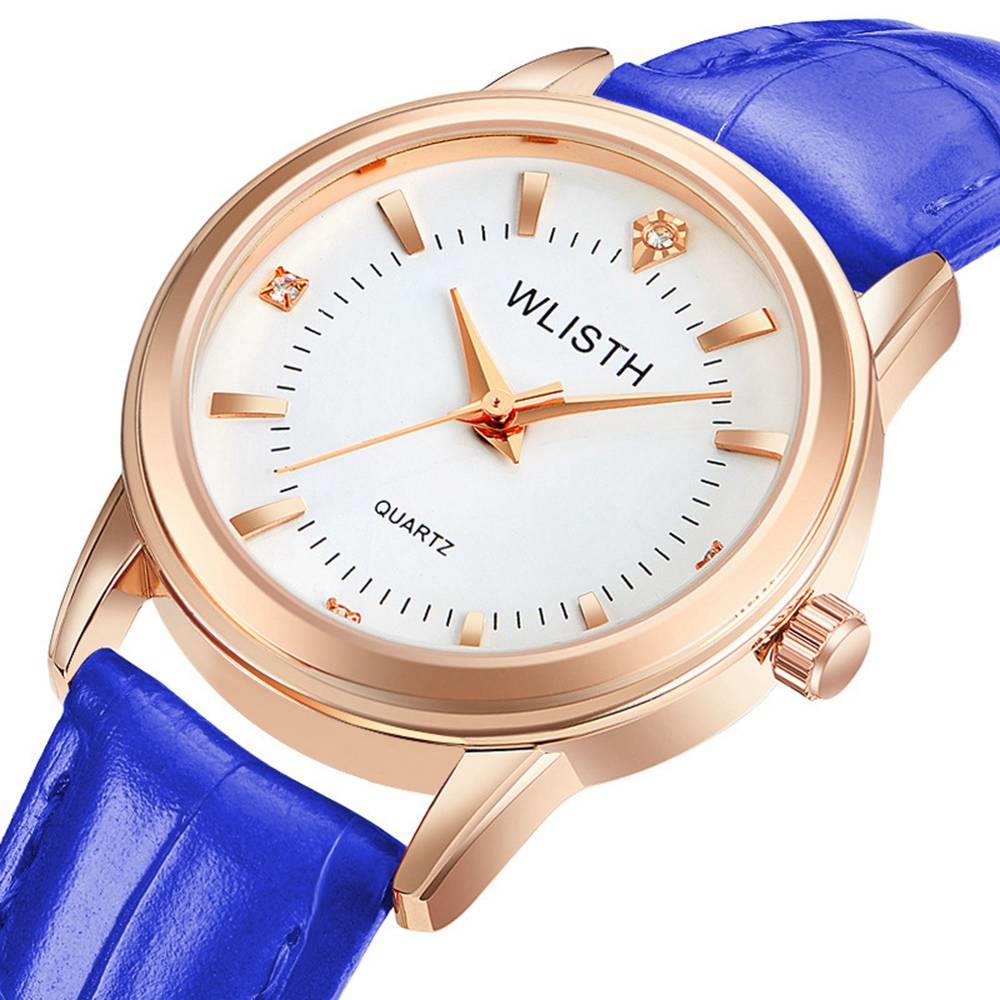 WLISTH Q355 Women Quartz Wrist Watch PU Leather Strap Blue White