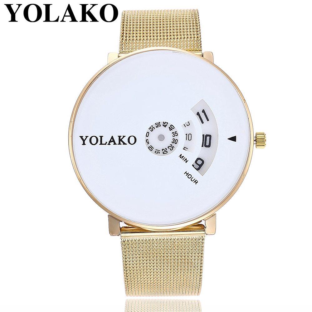 YOLAKO Men Quartz Watch Stainless Steel Strap Gold White