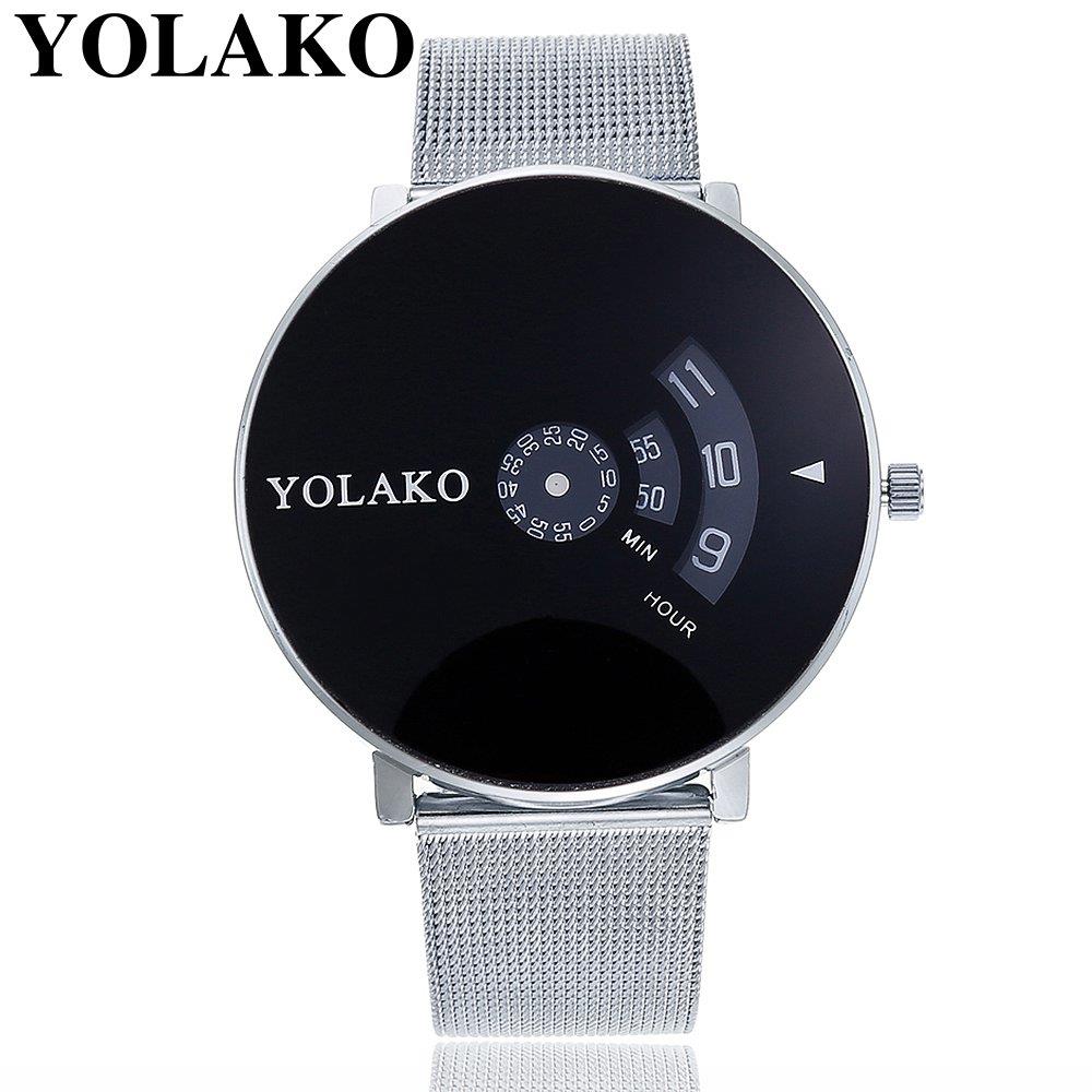 YOLAKO Men Quartz Watch Stainless Steel Strap Silver Black