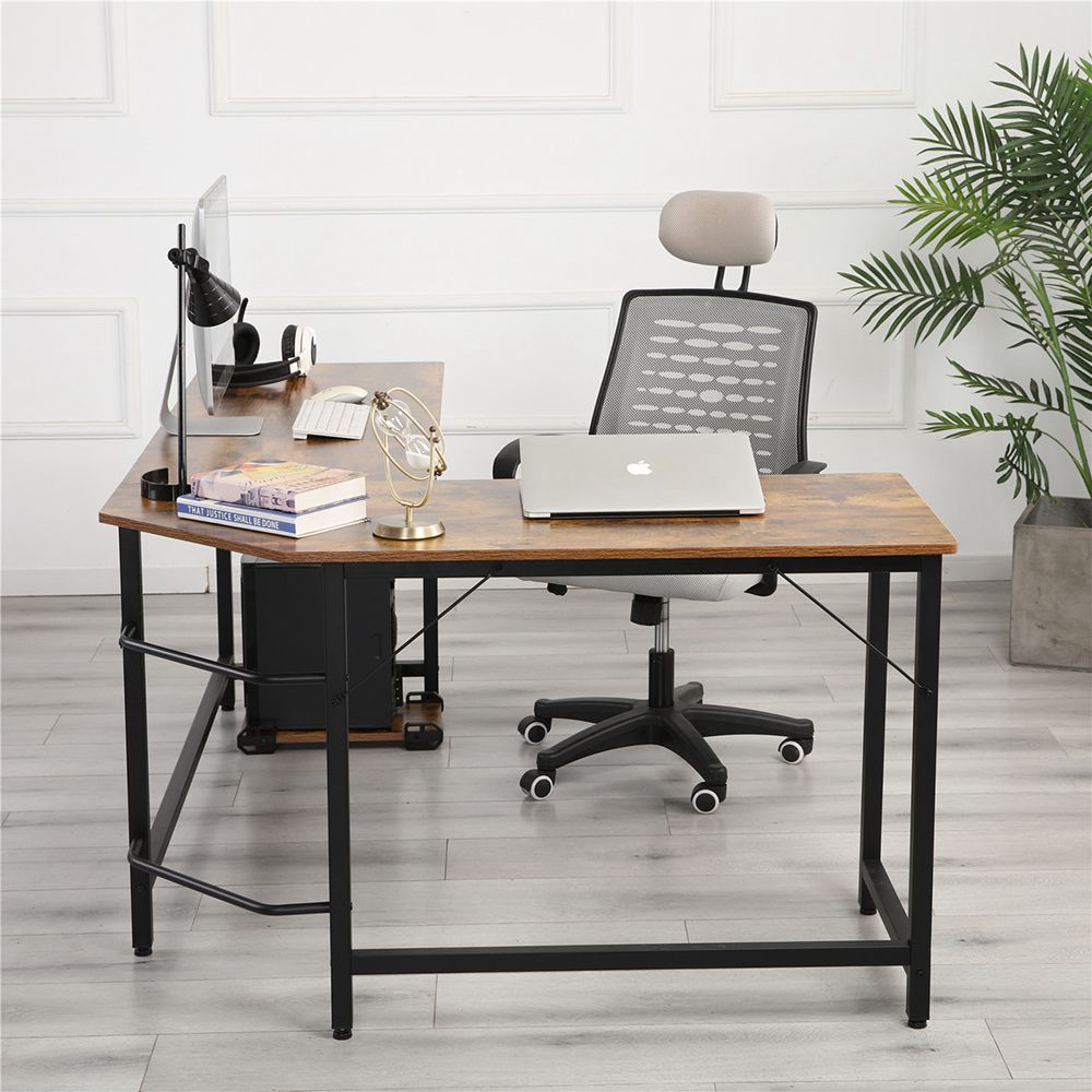 Home Office L-shaped Combination Corner Table Black + Wood Grain