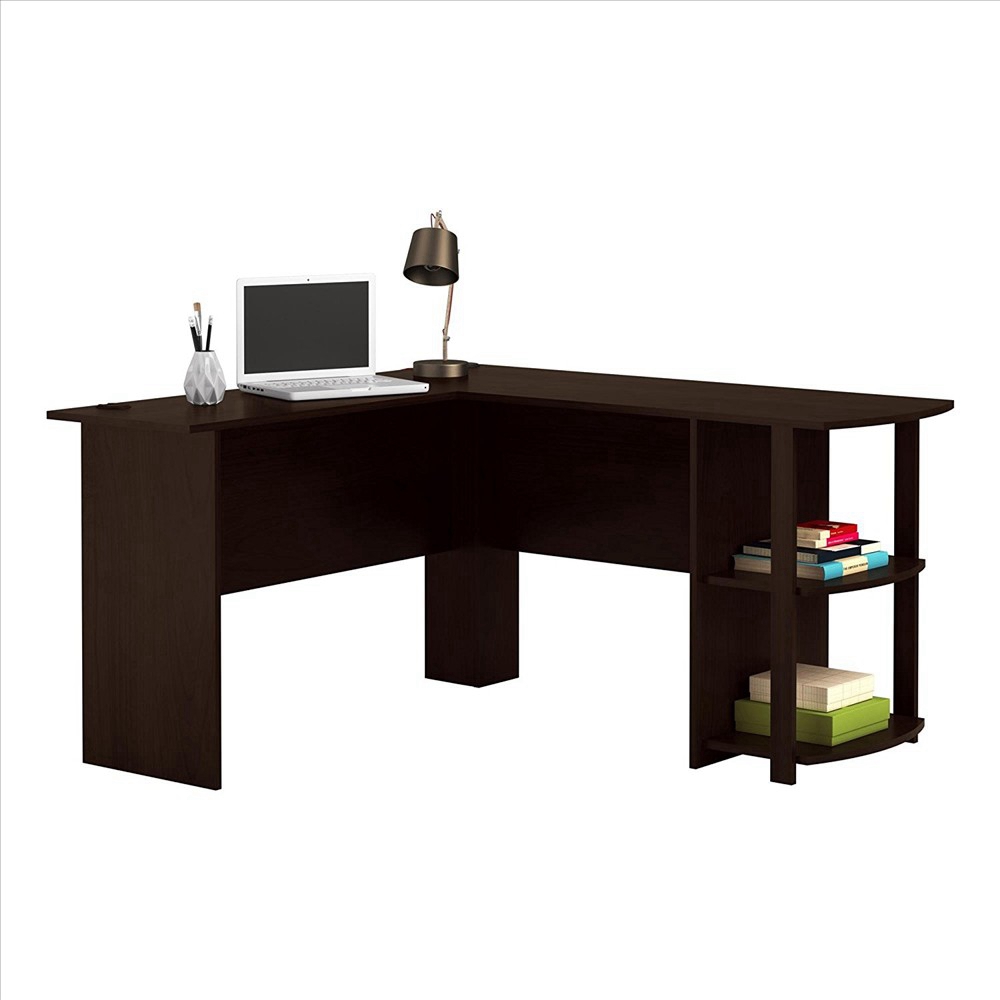FCH L-shaped Wooden Computer Desk 2-story Locker Dark Brown