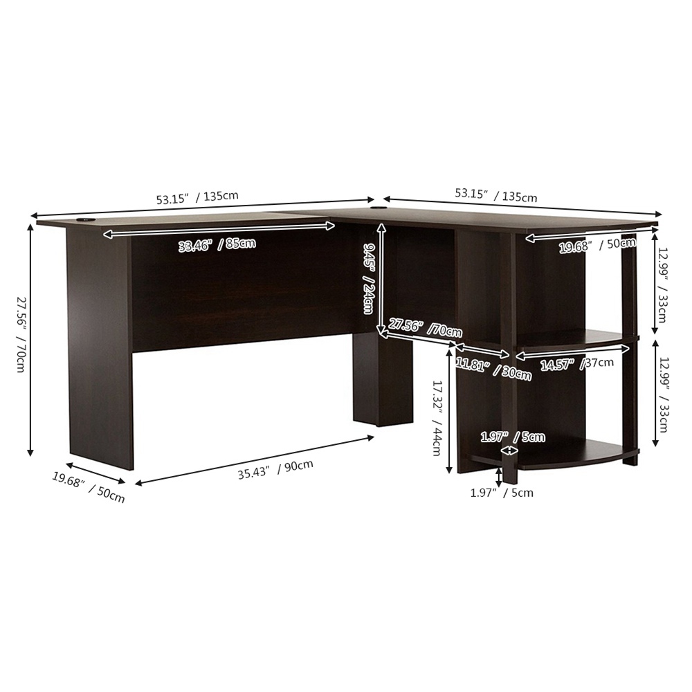 FCH L-shaped Wooden Computer Desk 2-story Locker Dark Brown