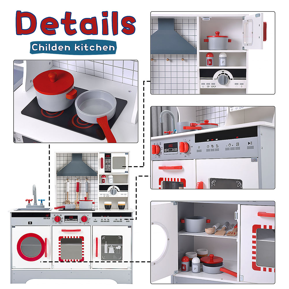 Wooden Pretend Play Kitchen Set Grey and Red