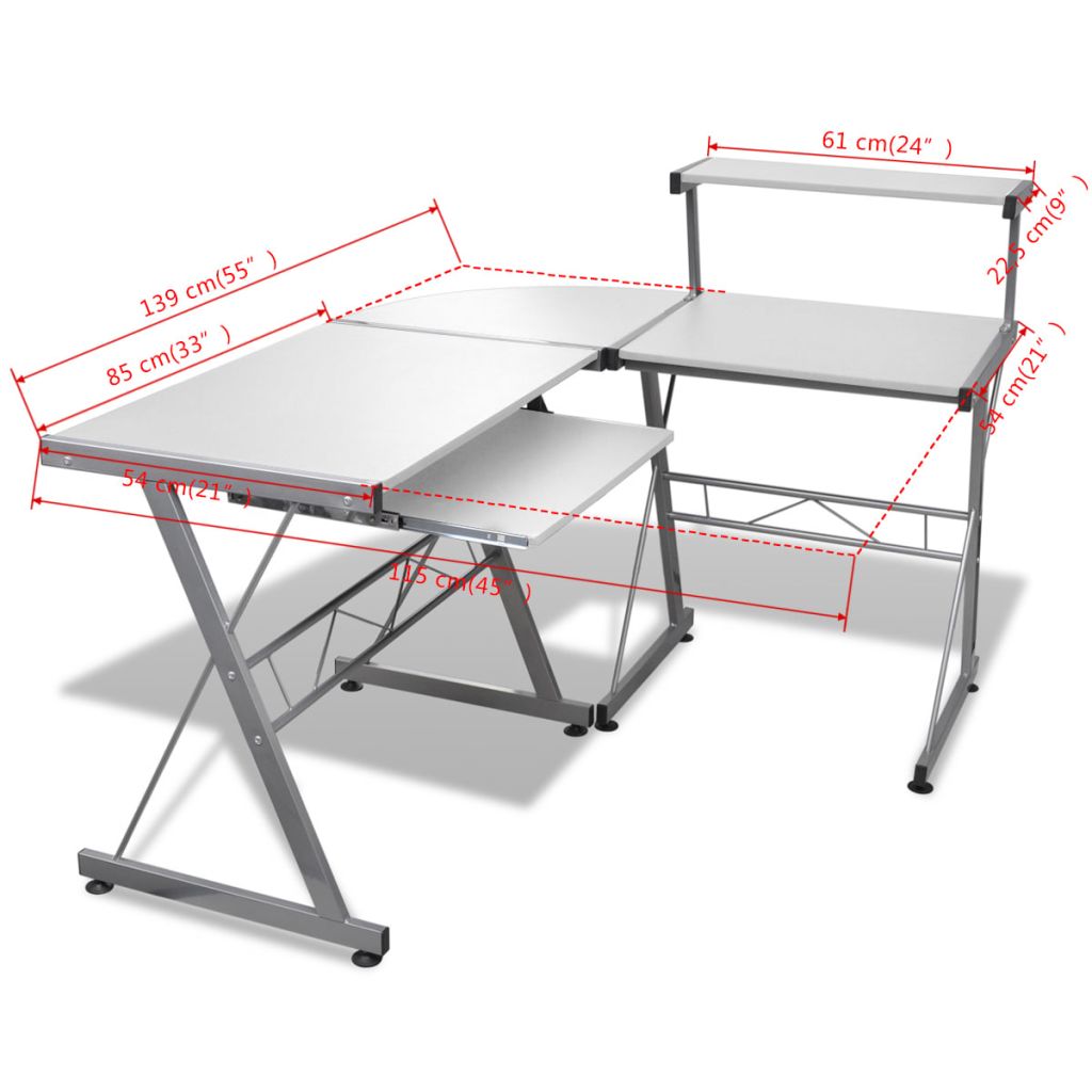 Computer Desk with Pull-out Keyboard Tray L-shaped White