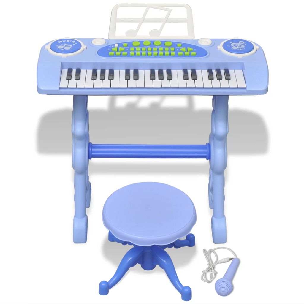 Kids' Playroom Toy Keyboard with Stool/Microphone 37-key Blue