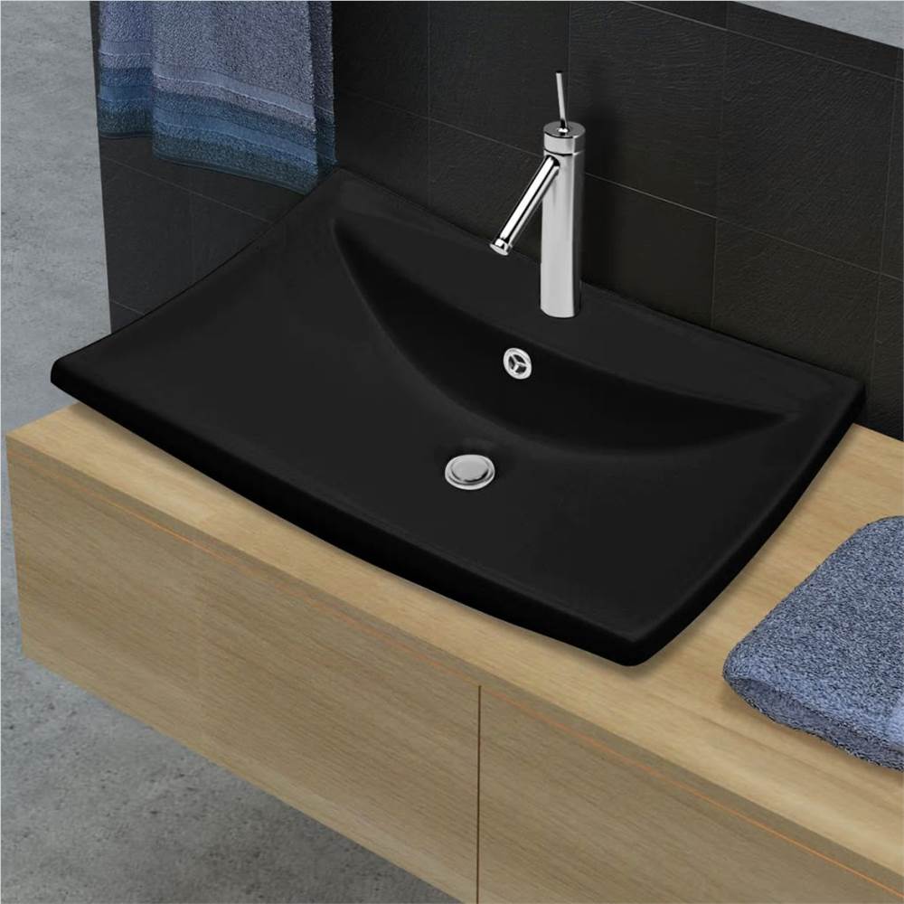 Black Luxury Ceramic Basin Rectangular with Overflow & Faucet Hole