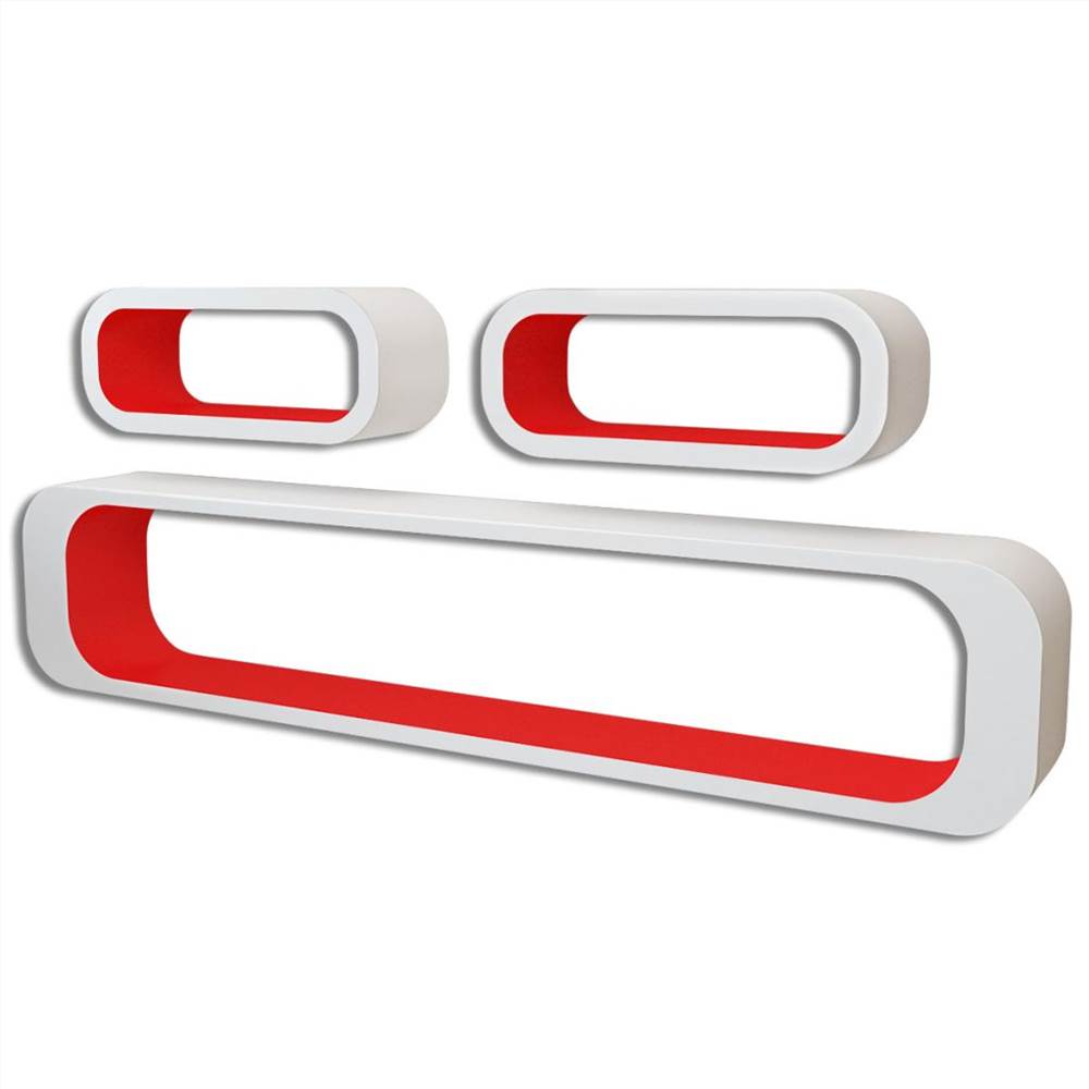 3 White-red MDF Floating Wall Display Shelf Cubes Book/DVD Storage