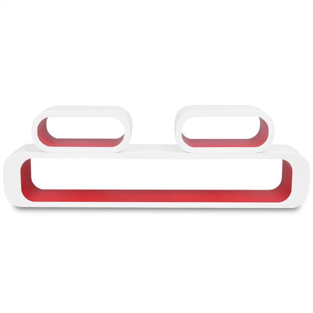 3 White-red MDF Floating Wall Display Shelf Cubes Book/DVD Storage