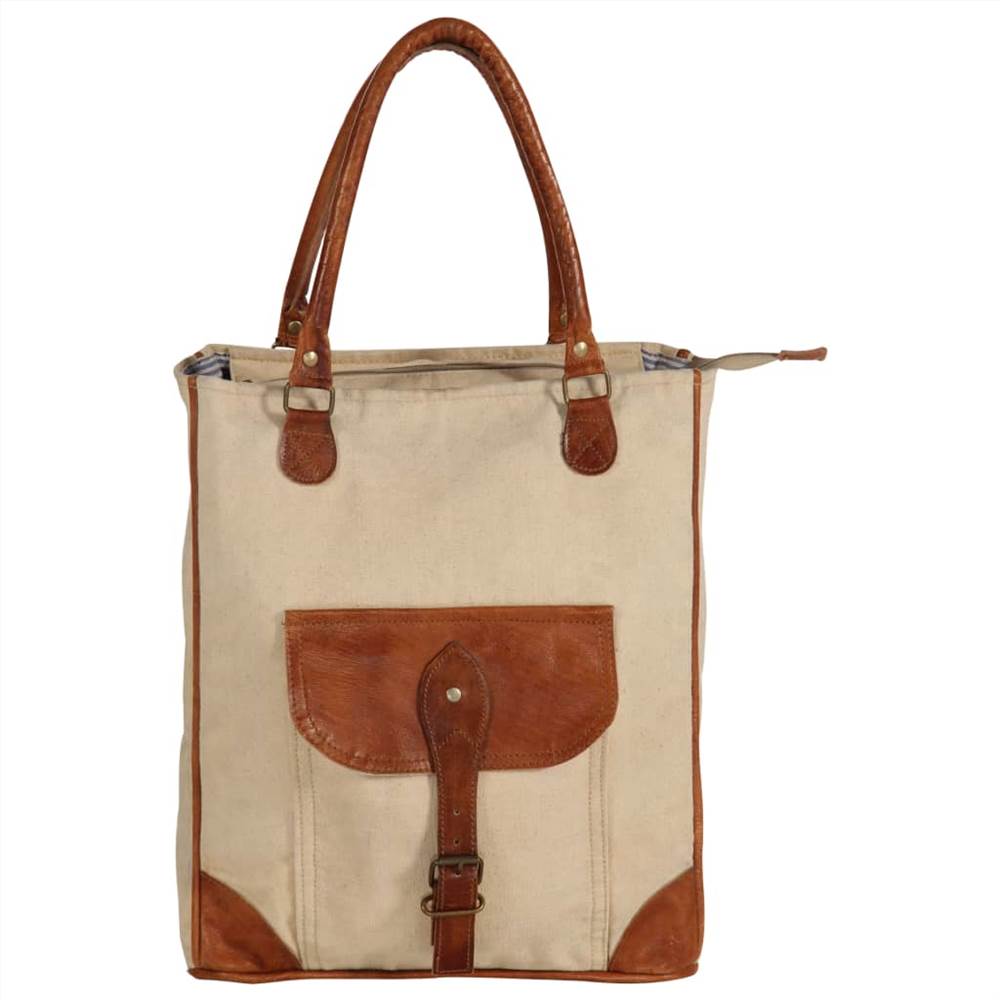 Shopper Bag Beige 34.5x10x57 cm Canvas and Real Leather