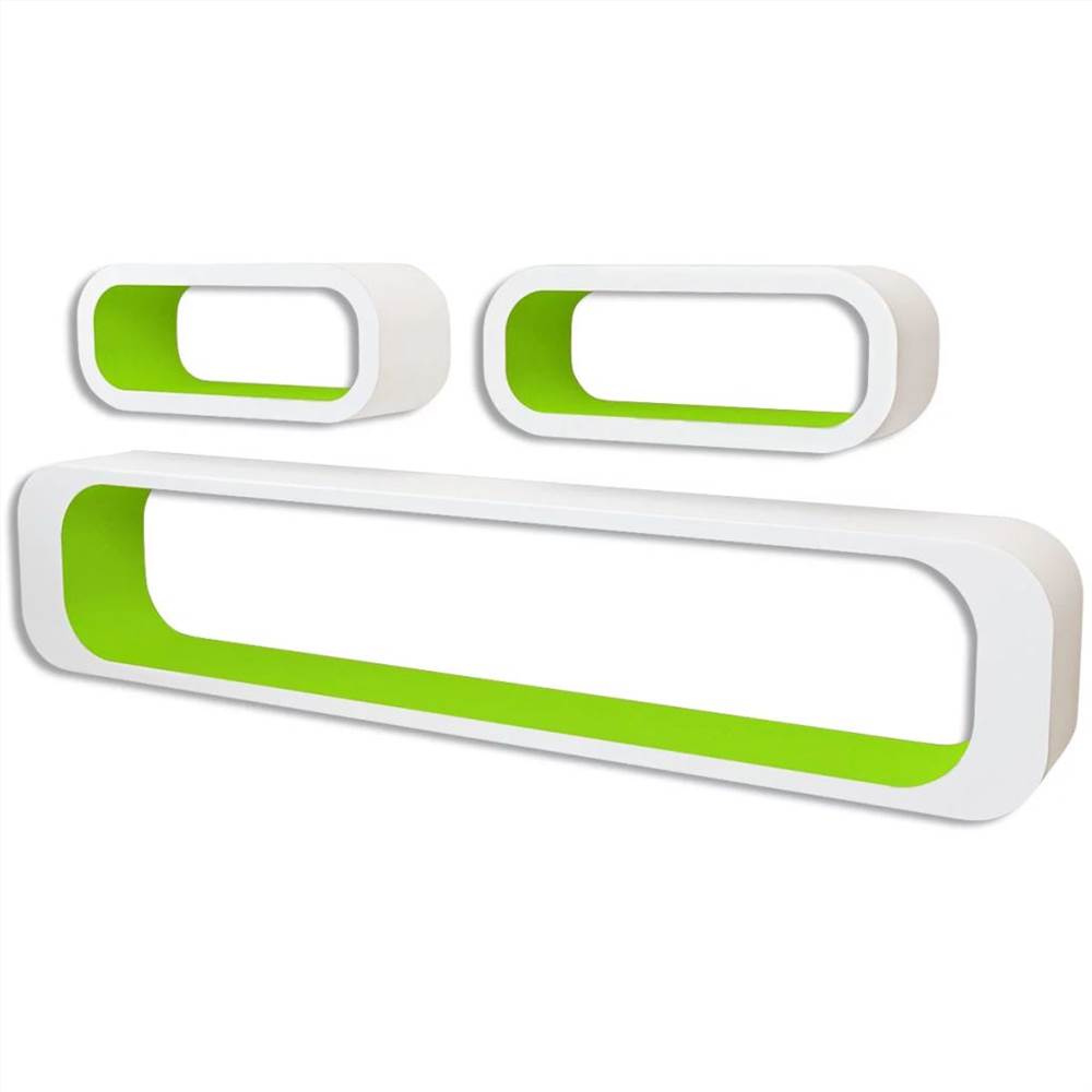 3 White-green MDF Floating Wall Display Shelf Cubes Book/DVD Storage
