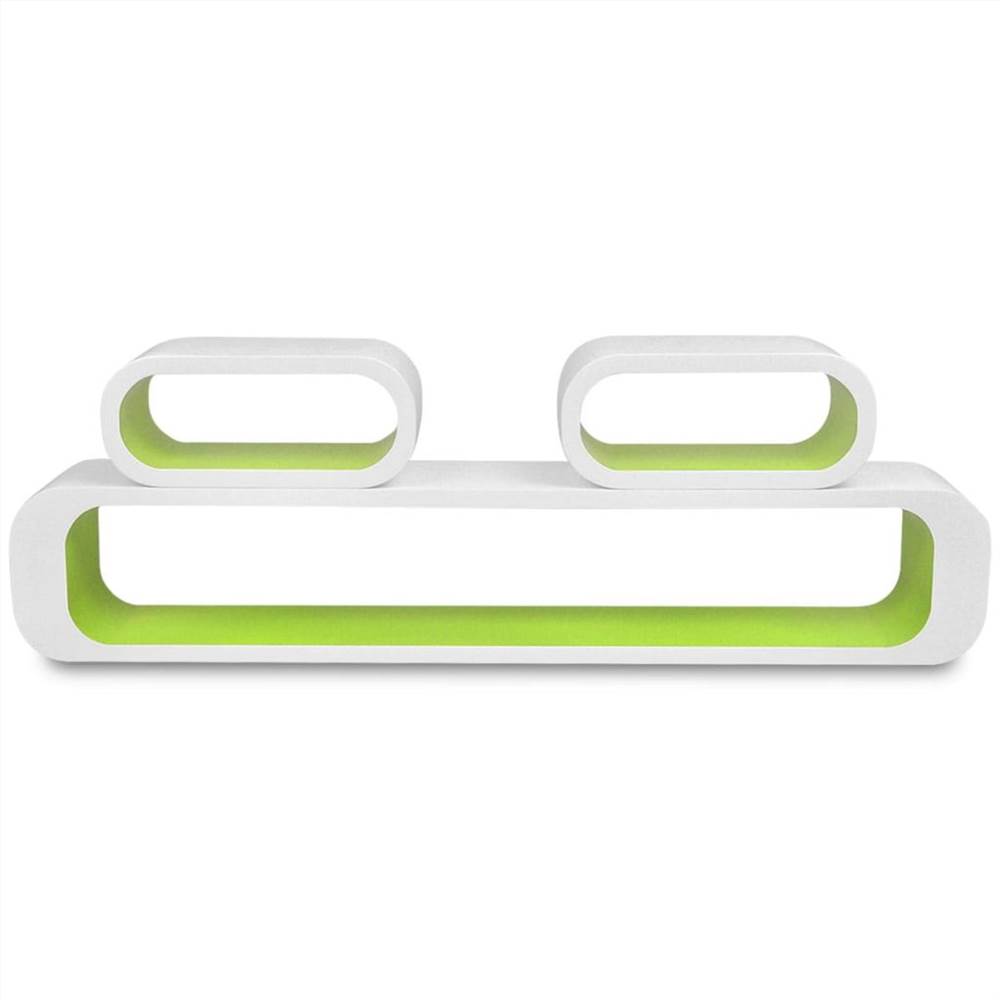 3 White-green MDF Floating Wall Display Shelf Cubes Book/DVD Storage