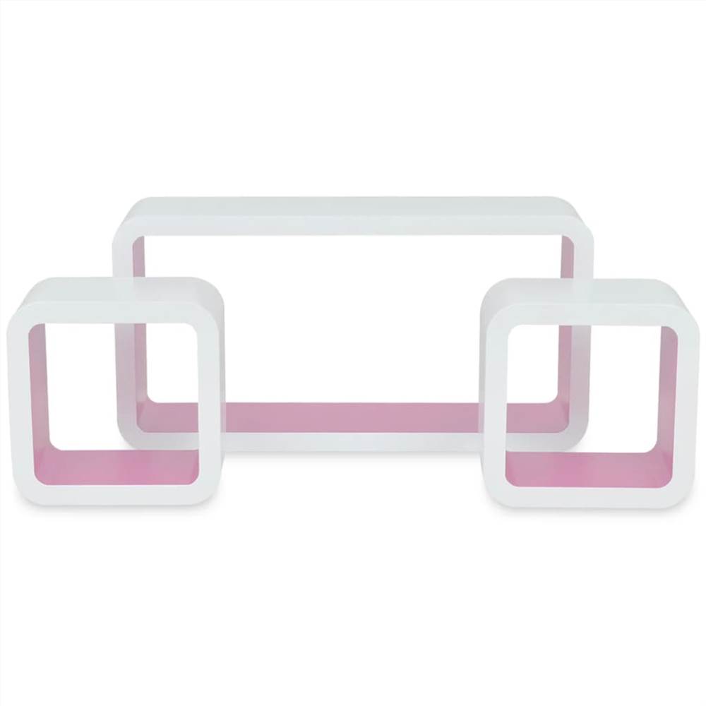 3 White-pink MDF Floating Wall Display Shelf Cubes Book/DVD Storage
