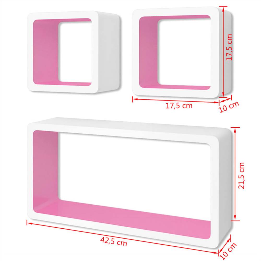3 White-pink MDF Floating Wall Display Shelf Cubes Book/DVD Storage