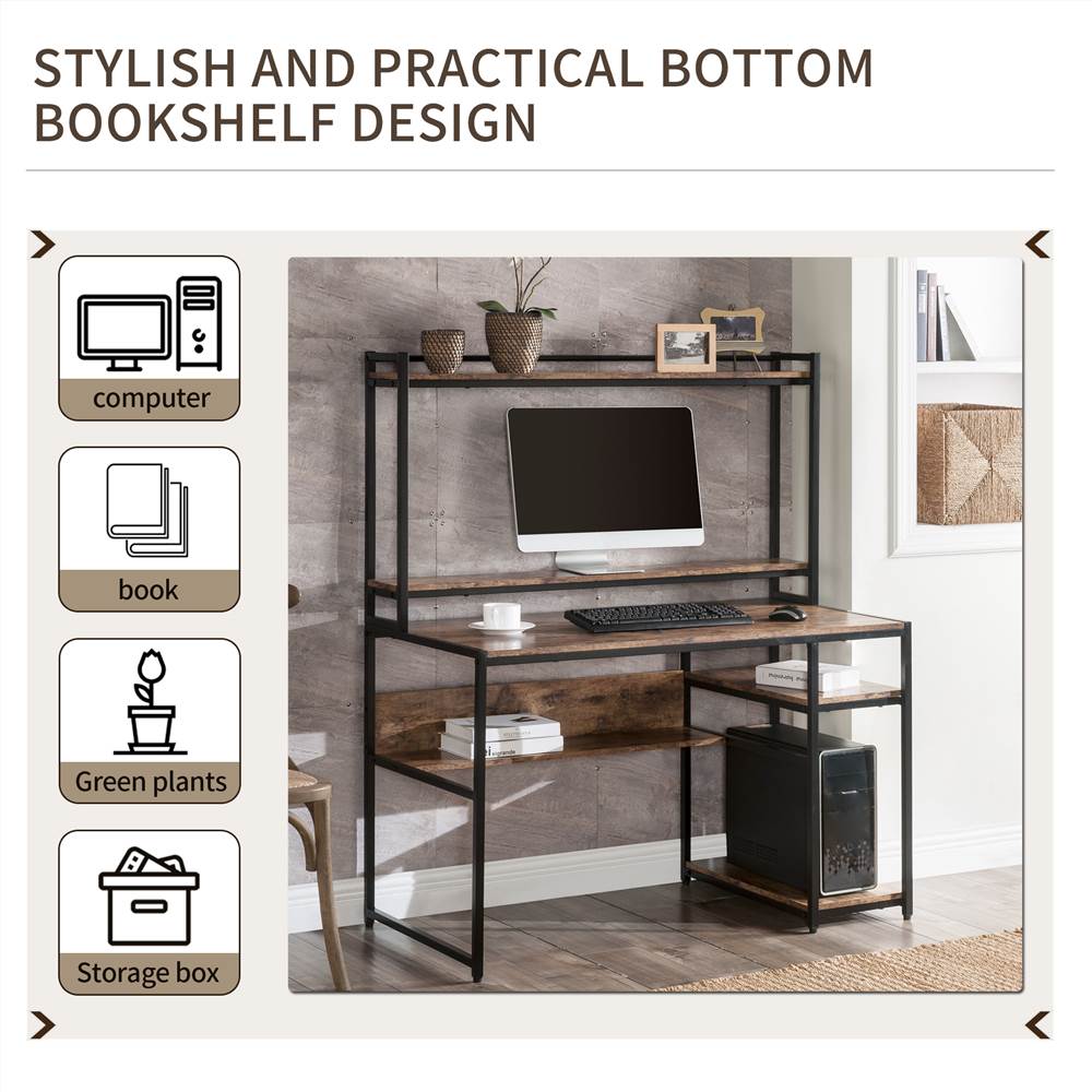 Home Office Computer Desk with Bookshelf - Brown