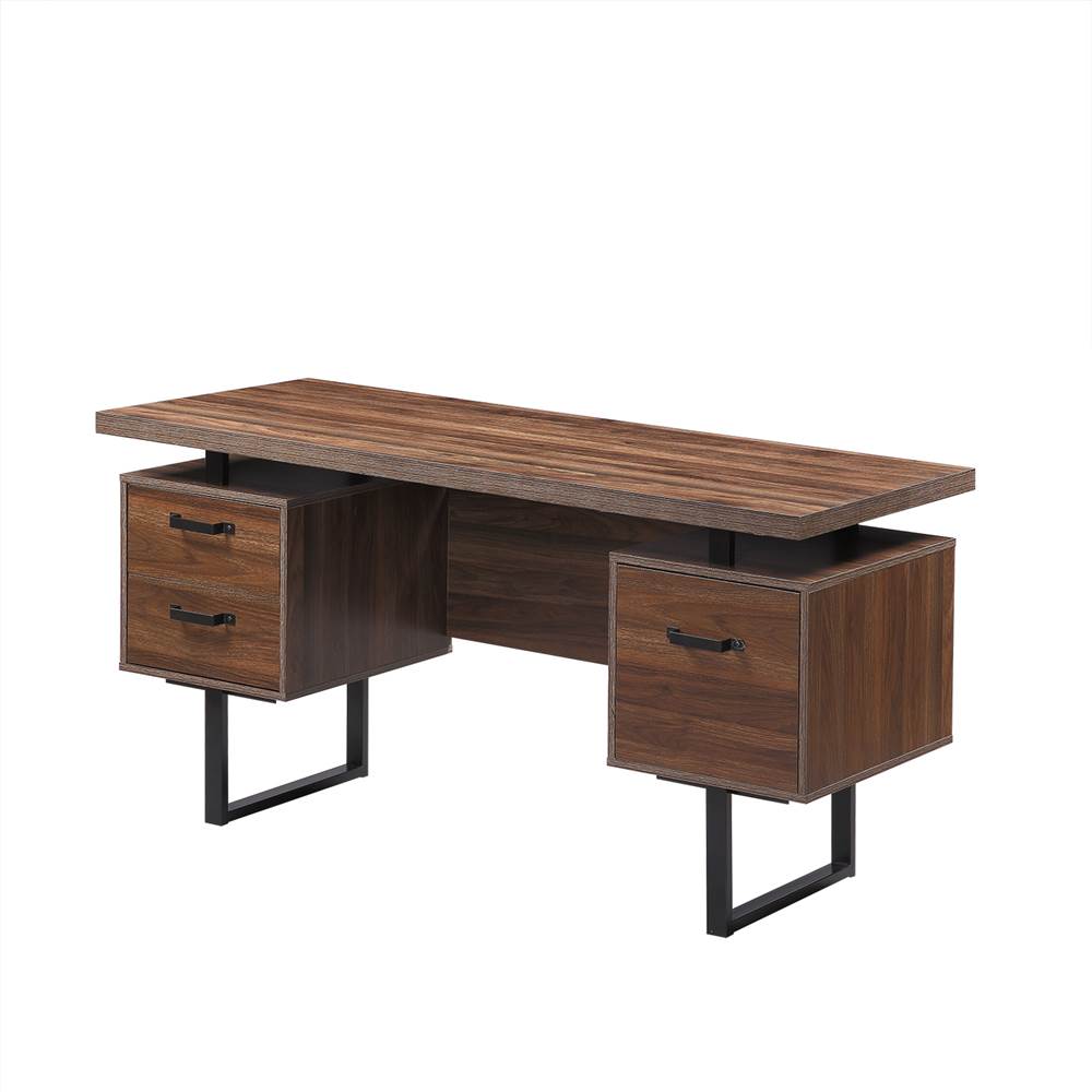 Home Office Computer Desk with Three File Drawers Walnut