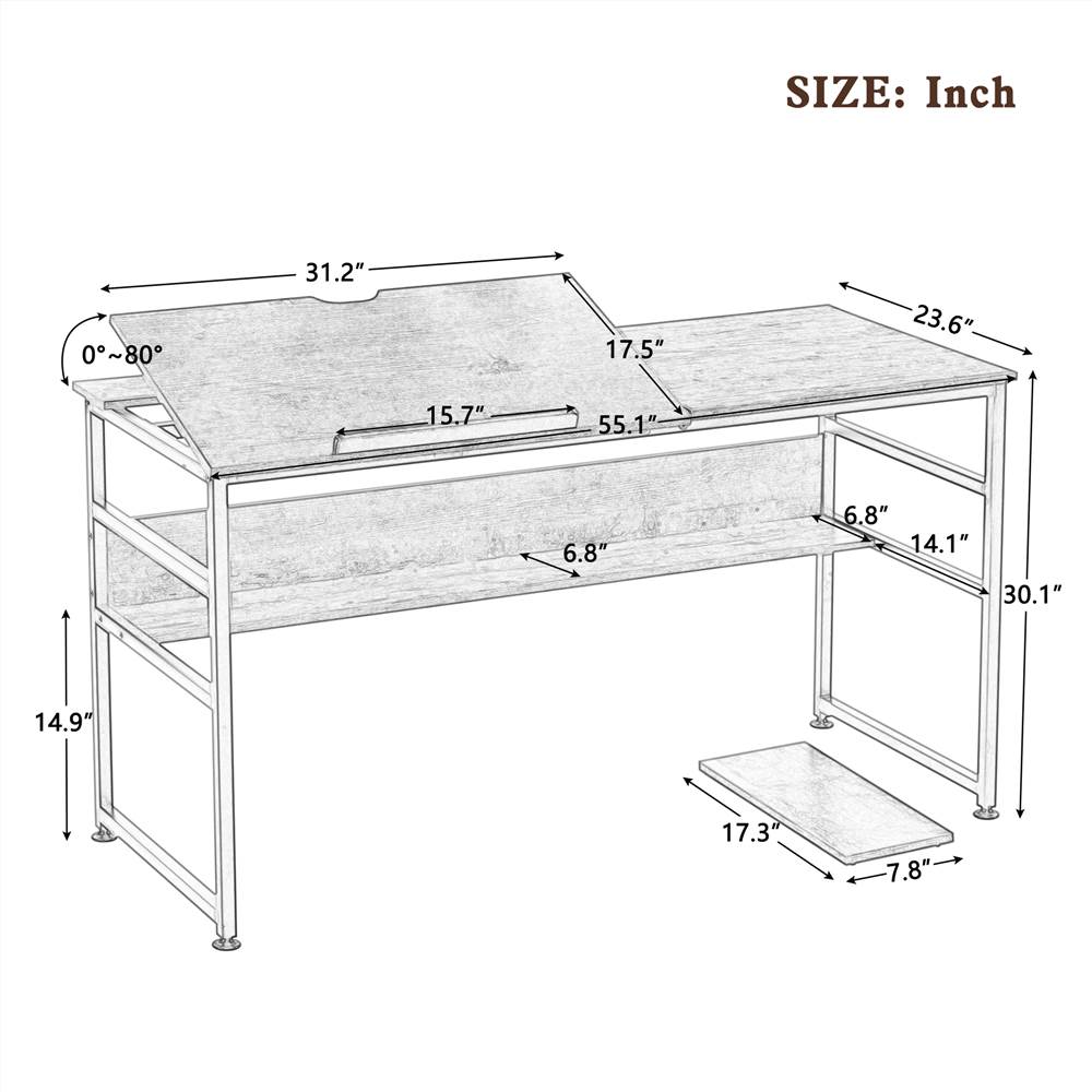 Home Office Computer Desk with Tiltable Plate and Bottom Shelf Brown