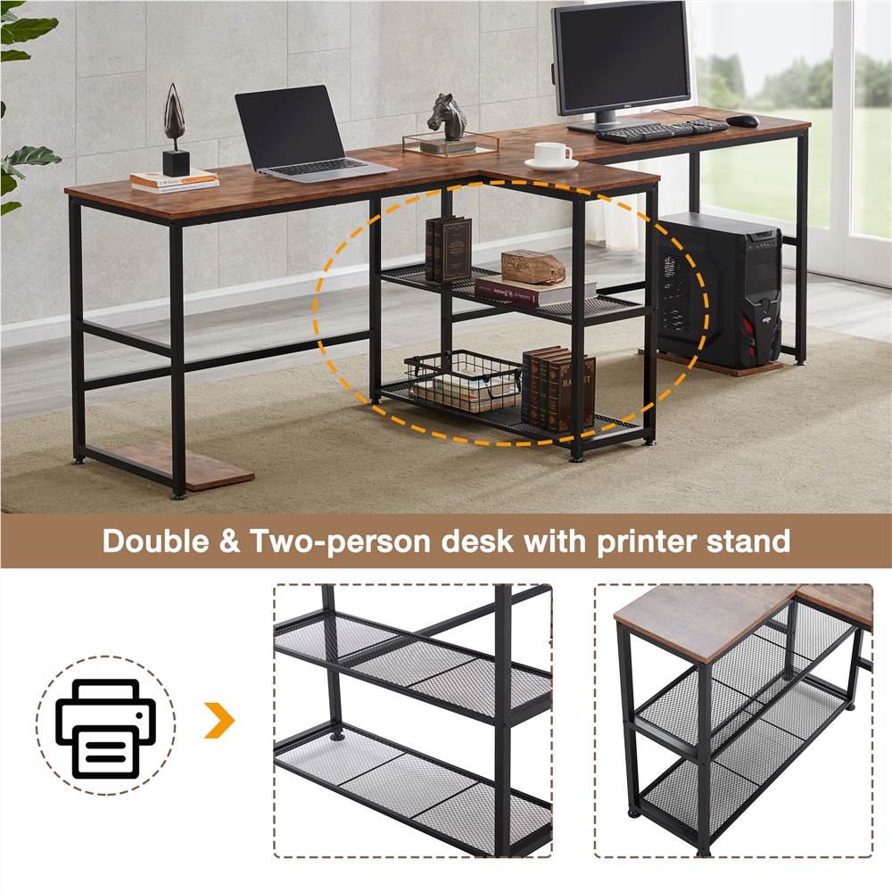 Home Office Dual Person Computer Desk with 2-layer Shelf Brown