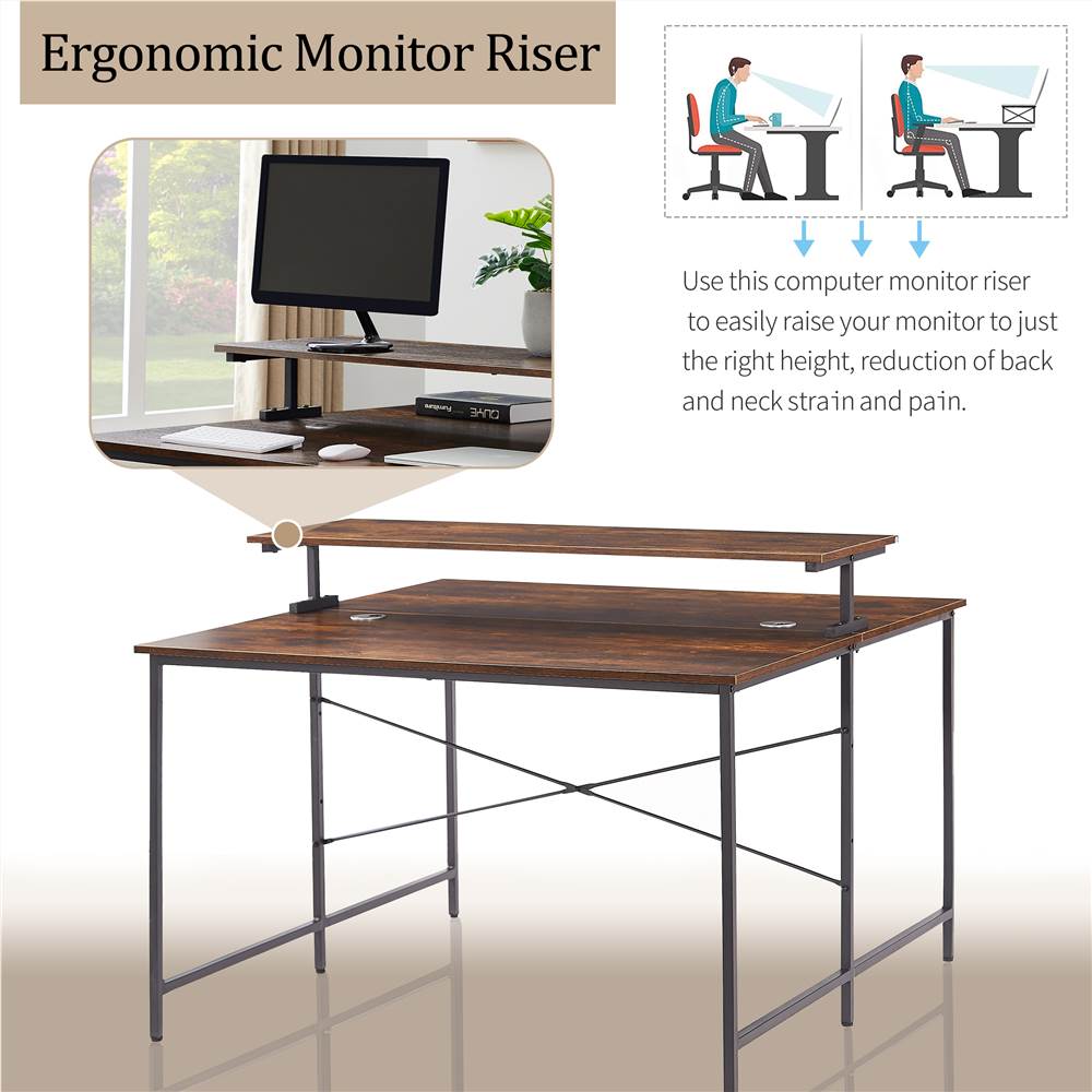 Home Office Dual Person Computer Desk with Monitor Riser Brown